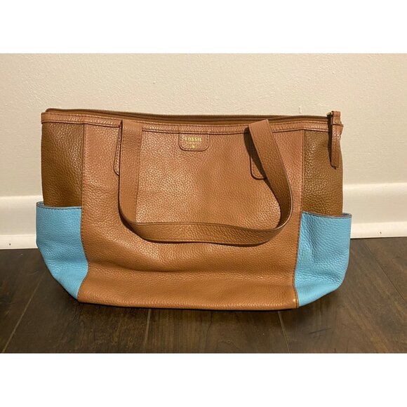Fossil | Bags | Fossil Genuine Leather Tote Bag With Blue Side Panels ...